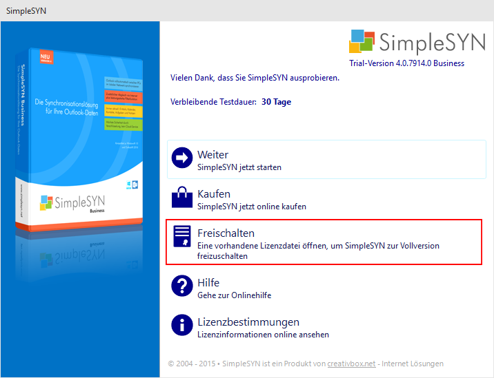 SimpleSYN Dokumentation - SimpleSYN freischalten